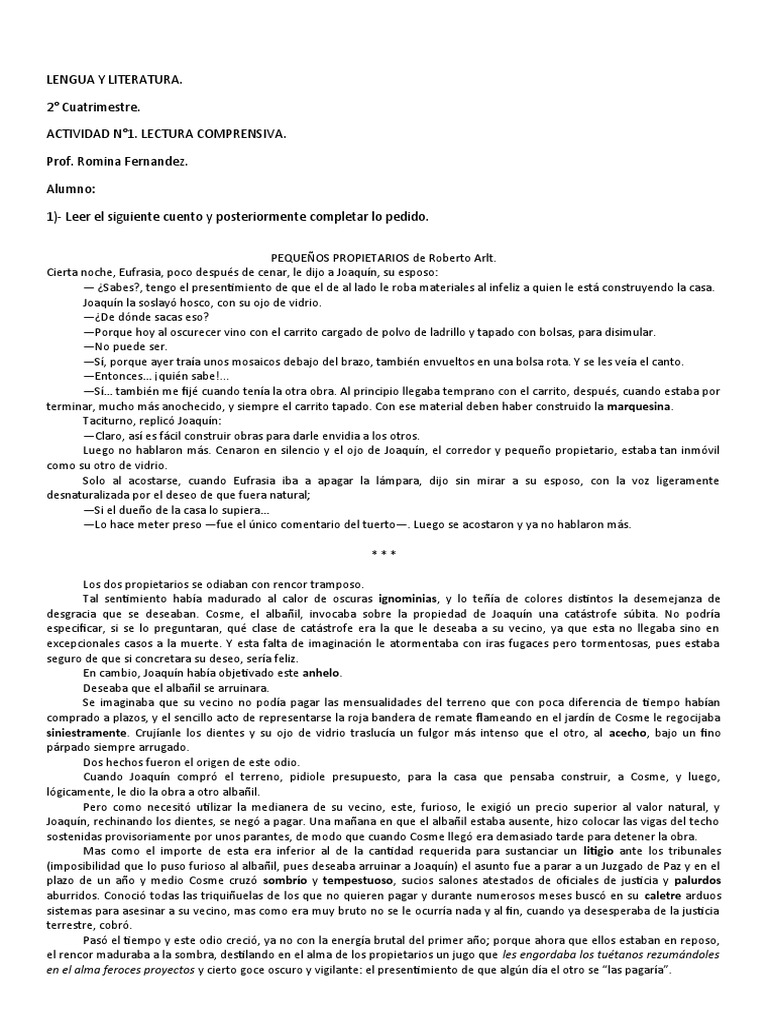 Pequeños Propietarios de Roberto Arlt | PDF