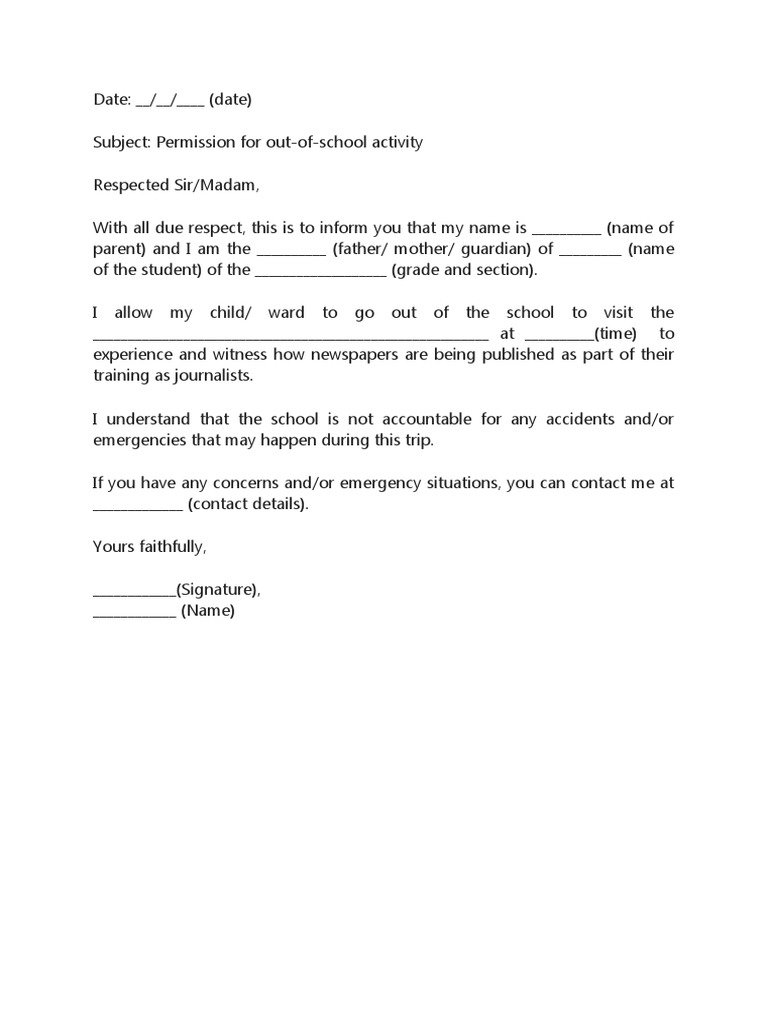 Permission Letter To Go Out of School | PDF | Social Science | Wellness