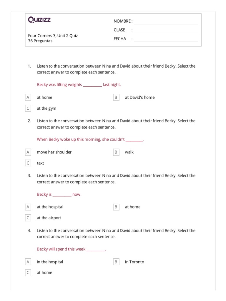 Four Corners 3, Unit 2 Quiz | PDF | Languages | Foreign Language Studies