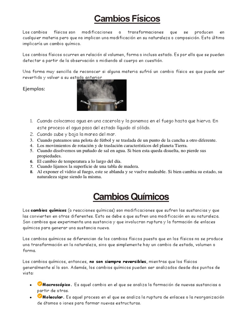 Ejemplos de Cambios Químicos y Físicos | PDF | Reacciones químicas ...