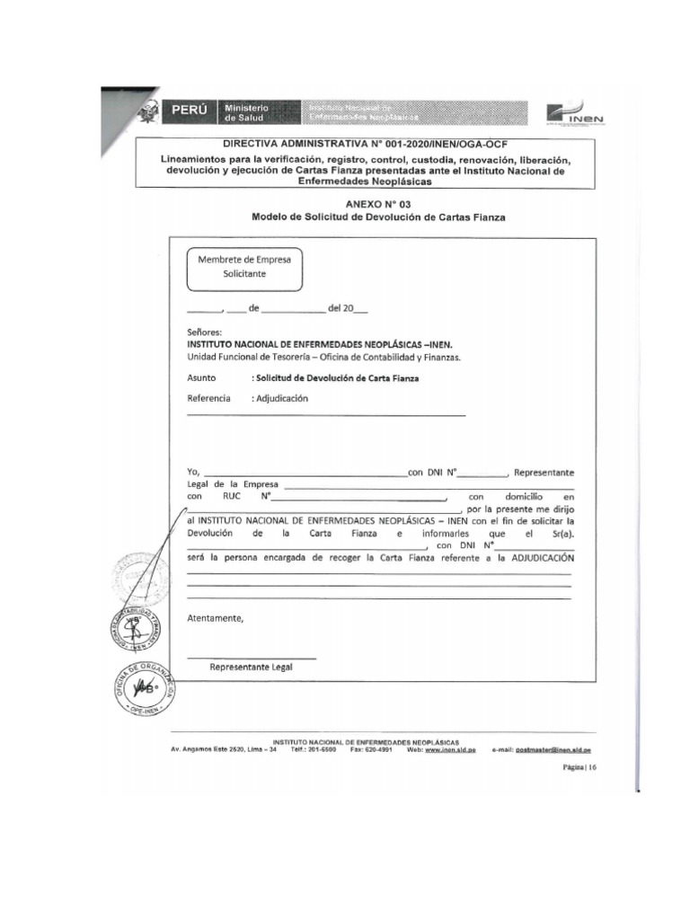 Modelo de Solicitud para Devolucion de Cartas Fianza 2023 | PDF Modelo de Solicitud para Devolucion de Cartas Fianza 2023 | PDF