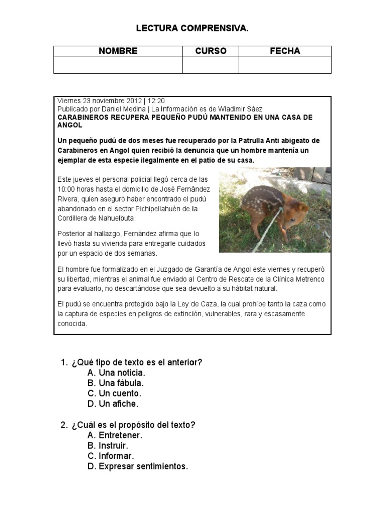 Lectura Comprensiva-Noticia Pudu | PDF