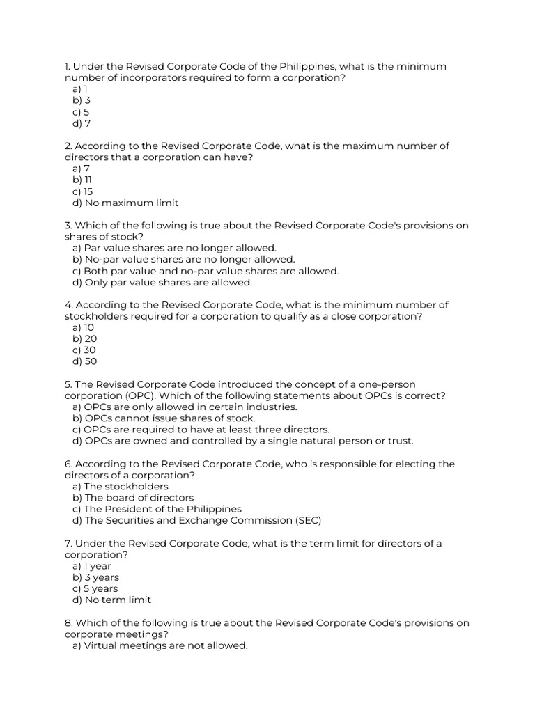Revised Corporate Code Questions | PDF | Corporations | Stocks