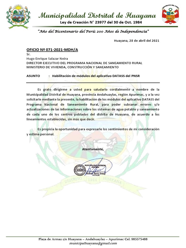 Oficio Habilitación de Aplicativo | PDF