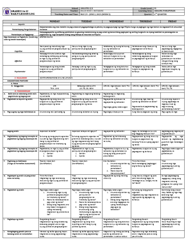 DLL Araling Panlipunan 6 q4 w5 | PDF