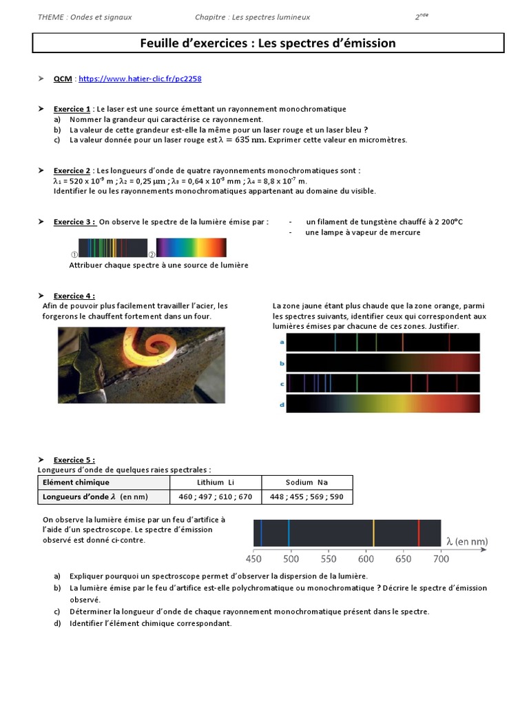Exercices sur les spectres lumineux 2nde | PDF | Spectre ...