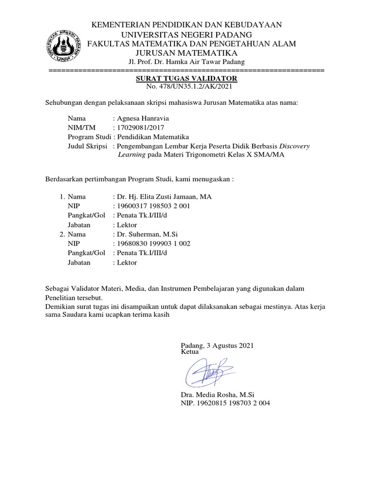 SURAT TUGAS VALIDATOR Agnesa Hanravia | PDF