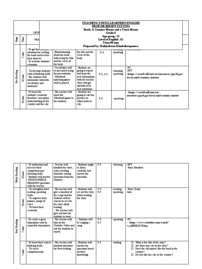 A1 English Lesson Plan: Town vs. Country | PDF
