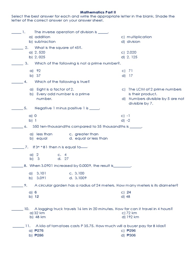 Mock Test - Math 2023 | PDF | Kilogram | Ratio