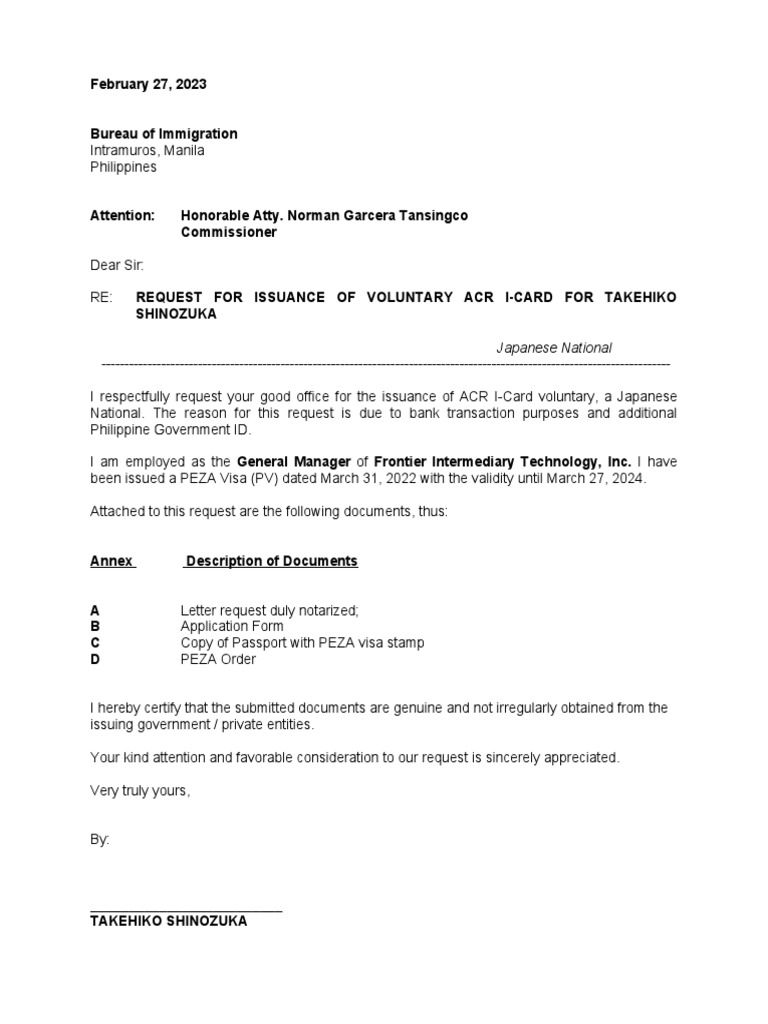 Letter Request For ACR I-Card Voluntary | PDF