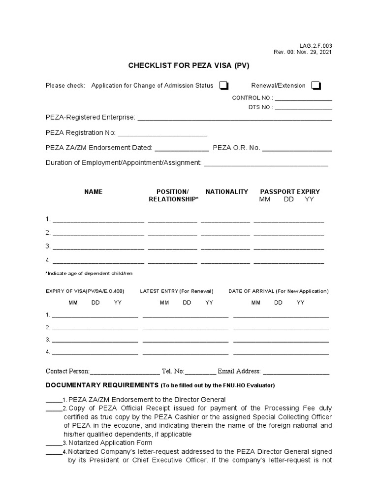 Checklist For PEZA Visa | Download Free PDF | Travel Visa | Passport