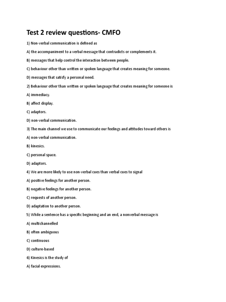 Test 2 Review Questions - CMFO | PDF | Nonverbal Communication ...
