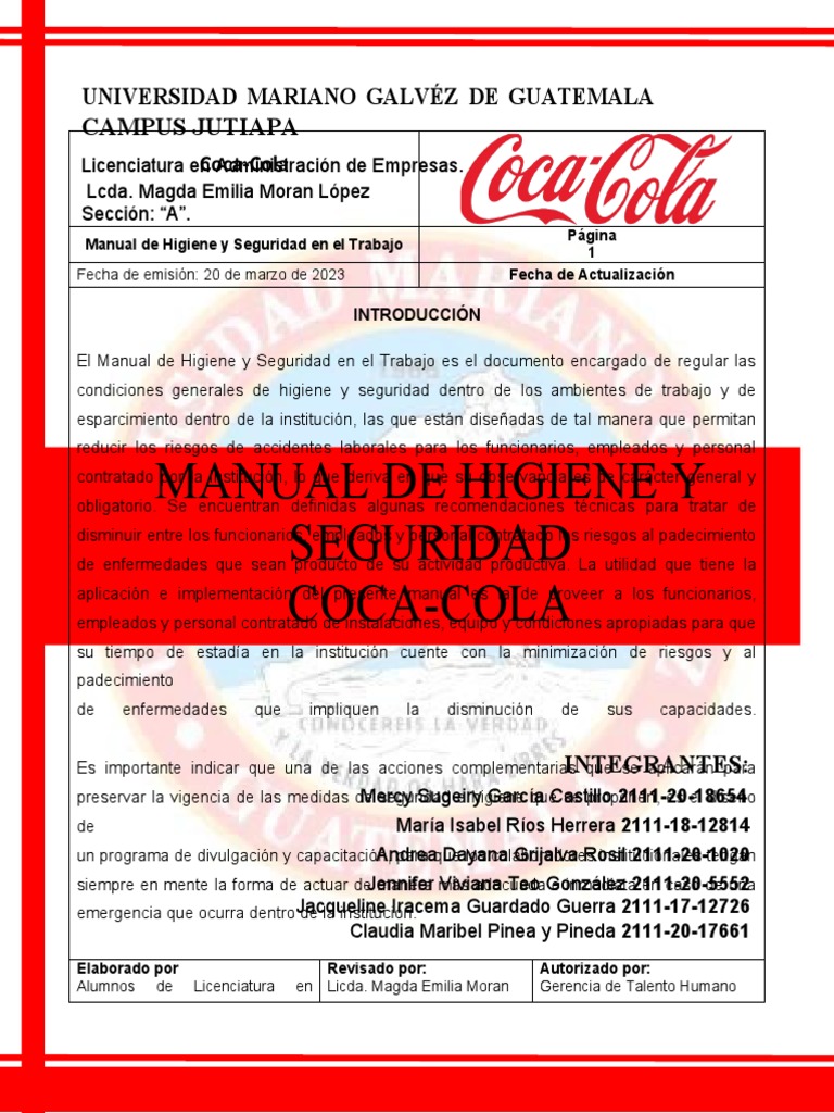 Manual de Higiene y Seguridad Coca-Cola... | PDF | Seguridad y salud ocupacional | Lavado de manos