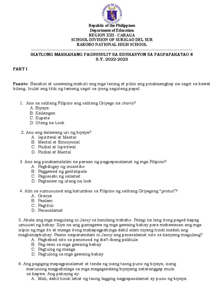 ESP 8 3rd Quarter Exam | PDF