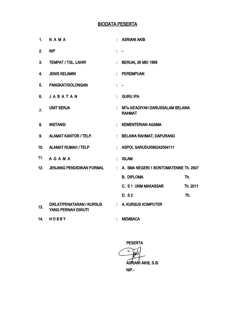 Biodata Peserta MGM Asriani Akib | PDF