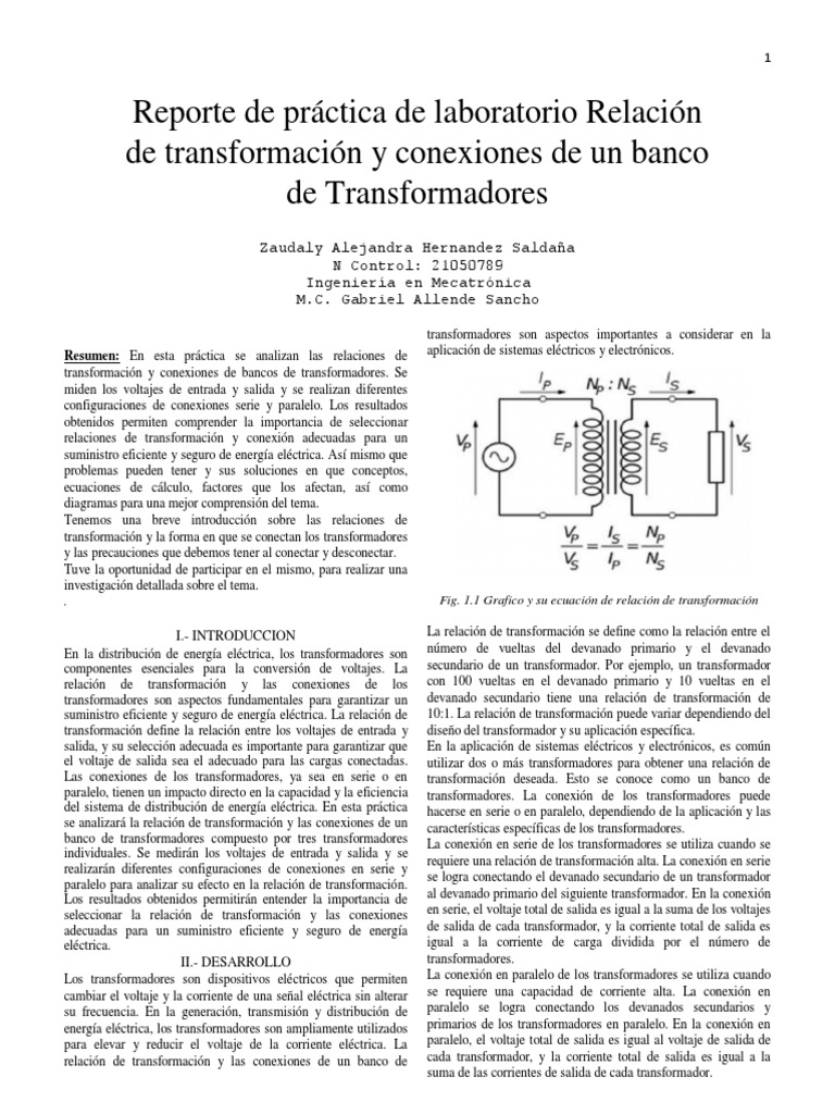 Reporte de Práctica de Laboratorio Relación de Transformación y Conexiones de Un Banco de ...