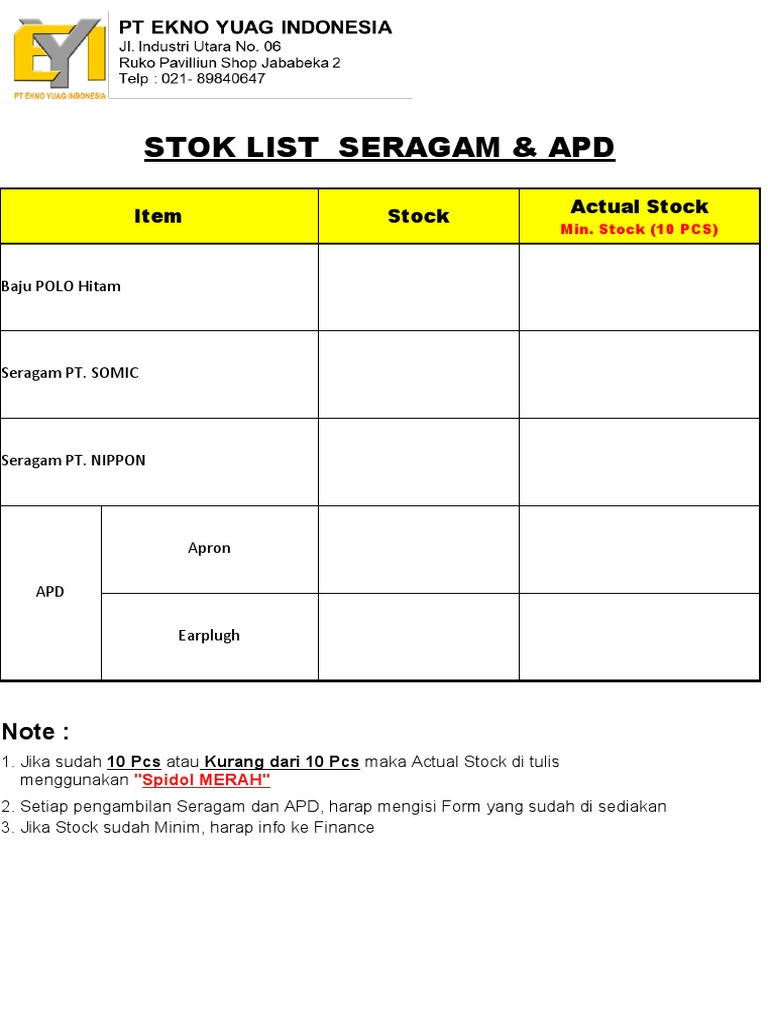 Stok Seragam dan APD PT Ekno Yuag | PDF