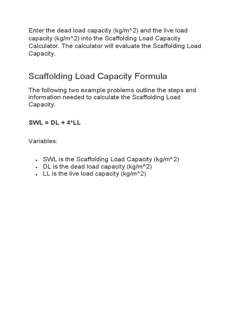 Scaffolding Load Capacity Formula: SWL DL + 4 LL | PDF