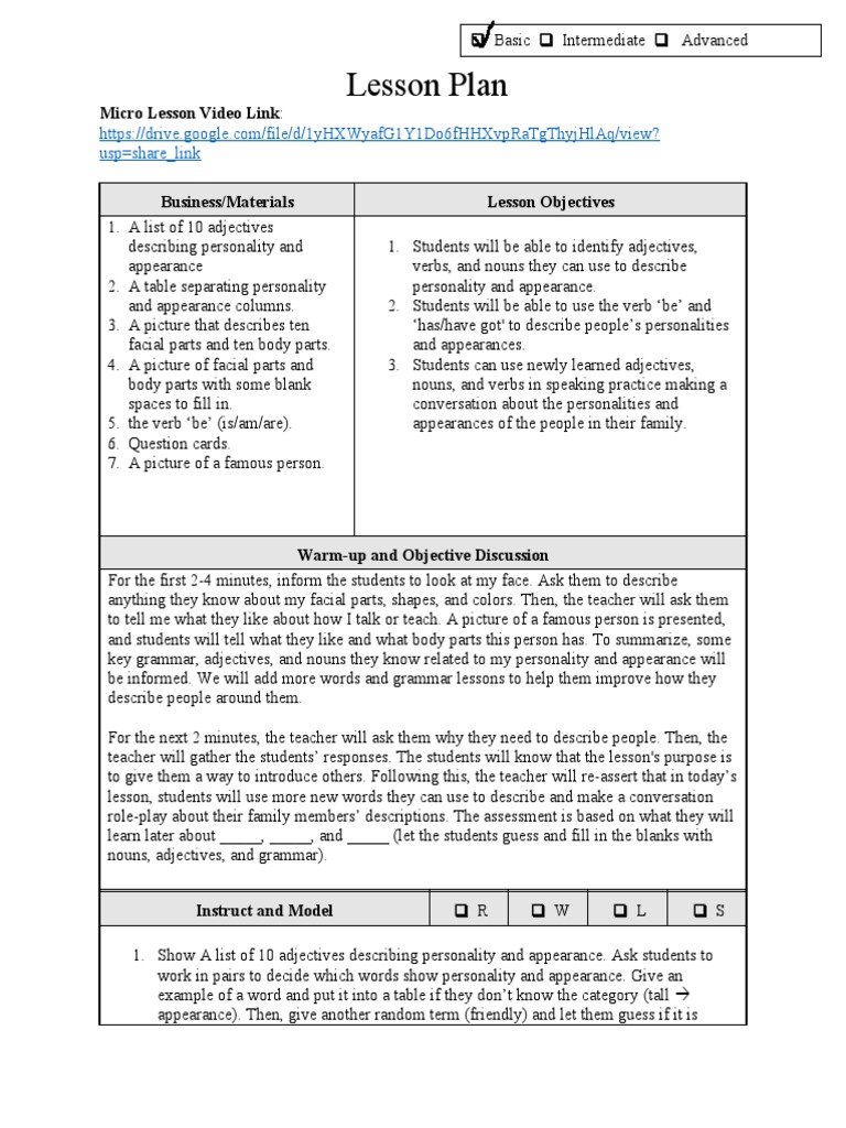KG 1 Personality and Appearance Lesson | PDF | Language Arts & Discipline