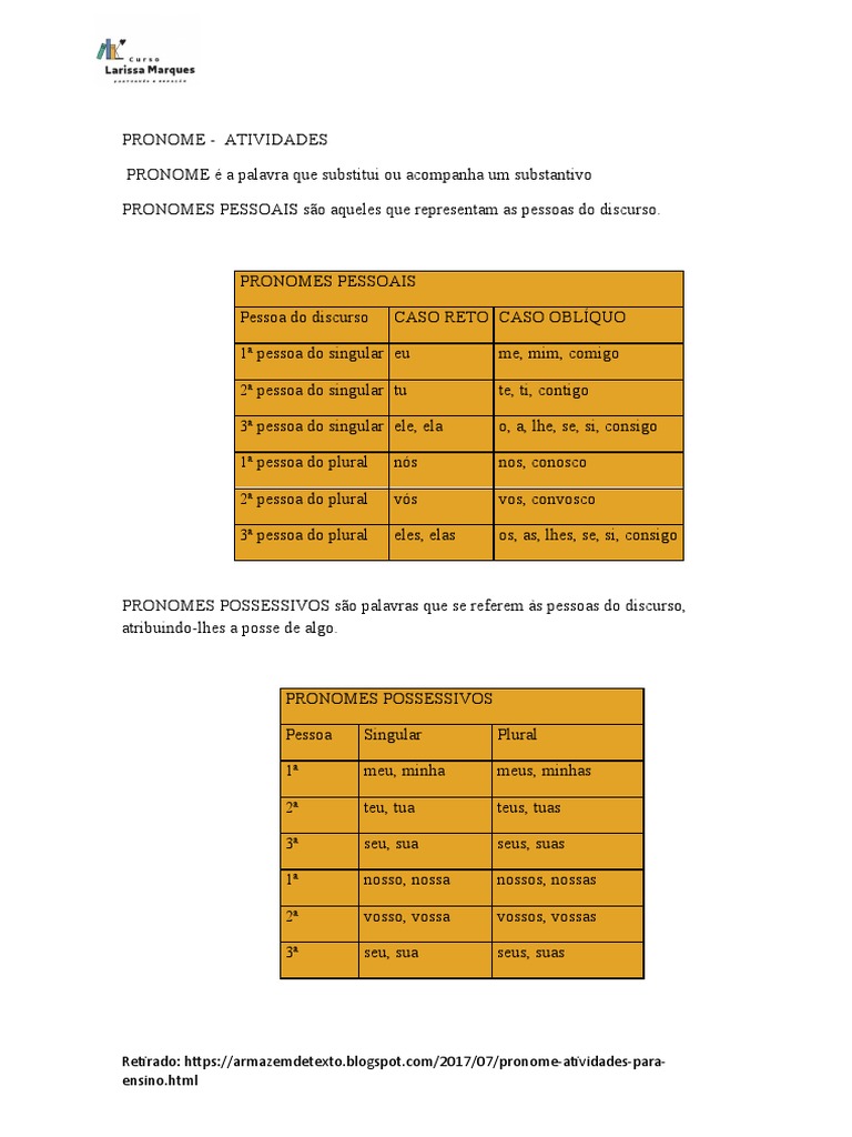 Exercícios de Pronome | PDF | Pronome | Morfologia