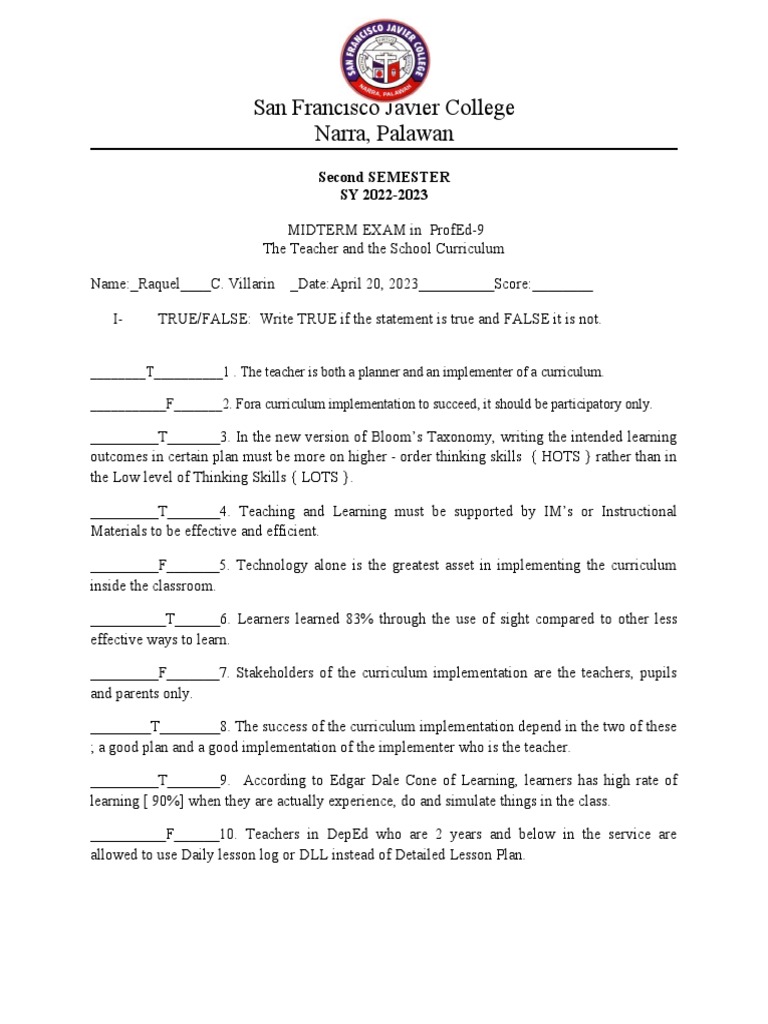Midterm in ProfEd9 2022 2023 | PDF