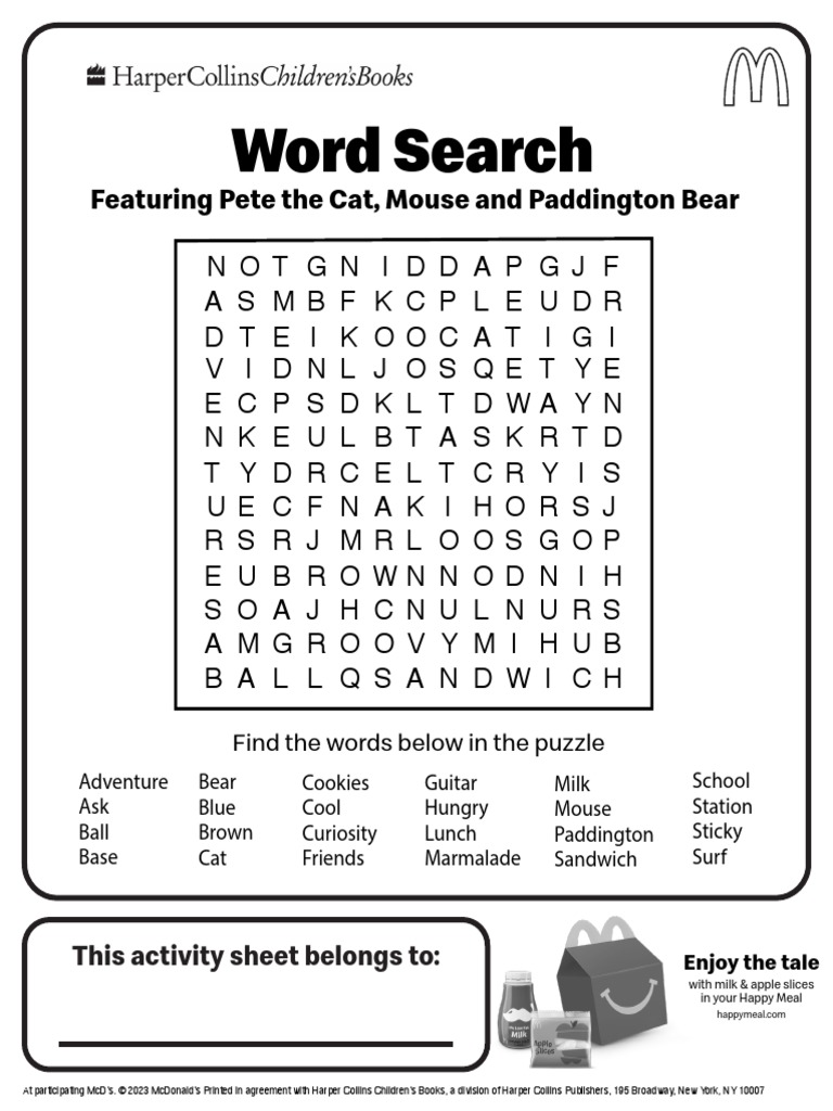 HarperCollins McDonalds Happy Meal Activity Sheet - Attractions ...