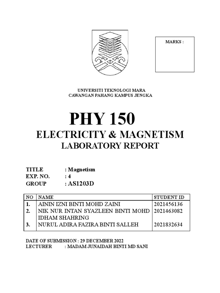 Phy150 Laboratory Report Experiment 4 | PDF | Magnetic Field | Magnet