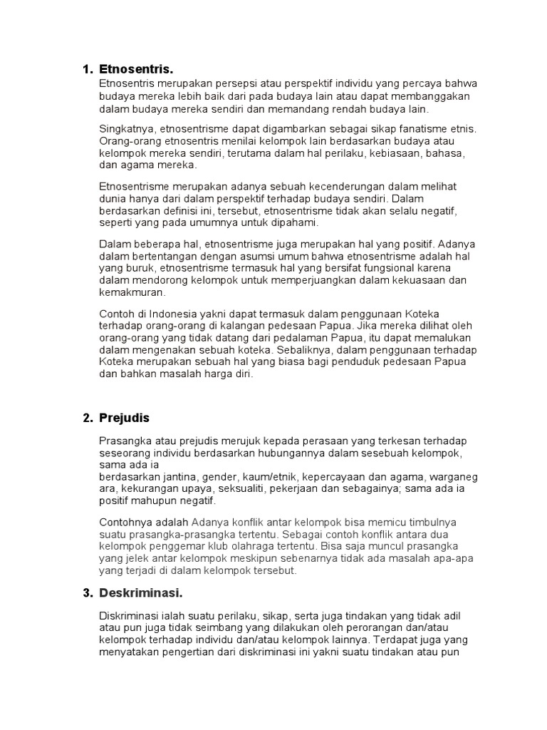 Pengertian Dan Contoh Etnosentrisme, Prejudis, Dan Diskriminasi | PDF