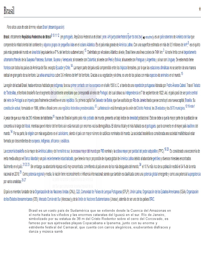 Brasil Es Un Vasto País de Sudamérica Que Se Extiende Desde La Cuenca Del Amazonas en El Norte ...