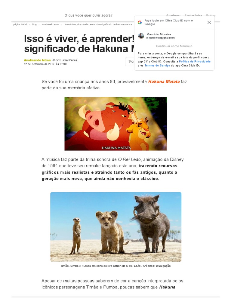 Entenda de Uma Vez Por Todas o Significado de Hakuna Matata! | PDF