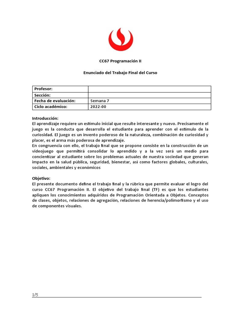 CC67 Enunciado Del Trabajo Final 2022-00 | PDF | Aprendizaje | Ingeniería