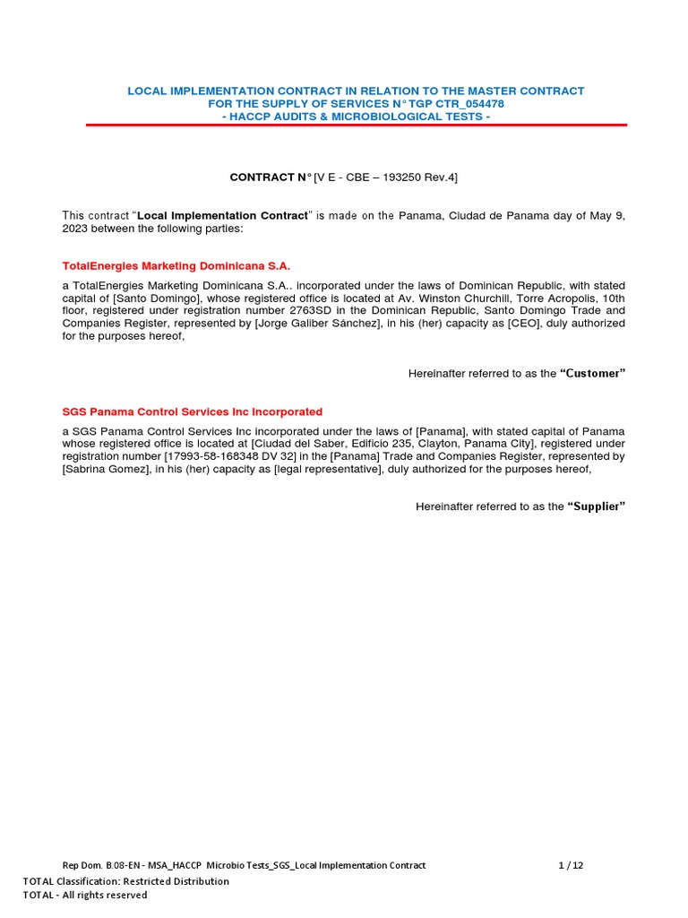 Local Implementation Contract in Relation To The Master Contract For ...