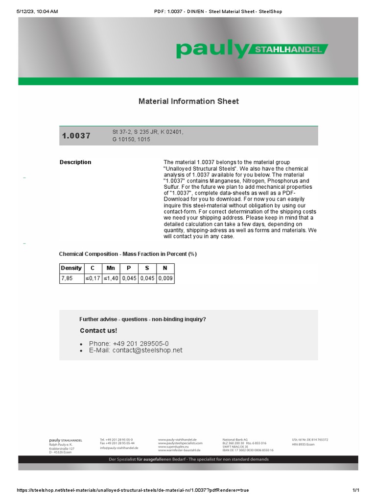 PDF - 1.0037 - DIN - EN - Steel Material Sheet - SteelShop | PDF PDF - 1.0037 - DIN - EN - Steel Material Sheet - SteelShop | PDF