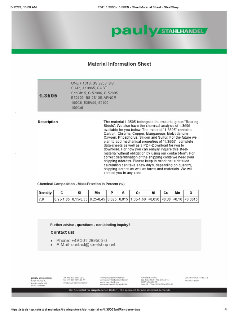 PDF - 1.3505 - DIN - EN - Steel Material Sheet - SteelShop | PDF ... PDF - 1.3505 - DIN - EN - Steel Material Sheet - SteelShop | PDF ...