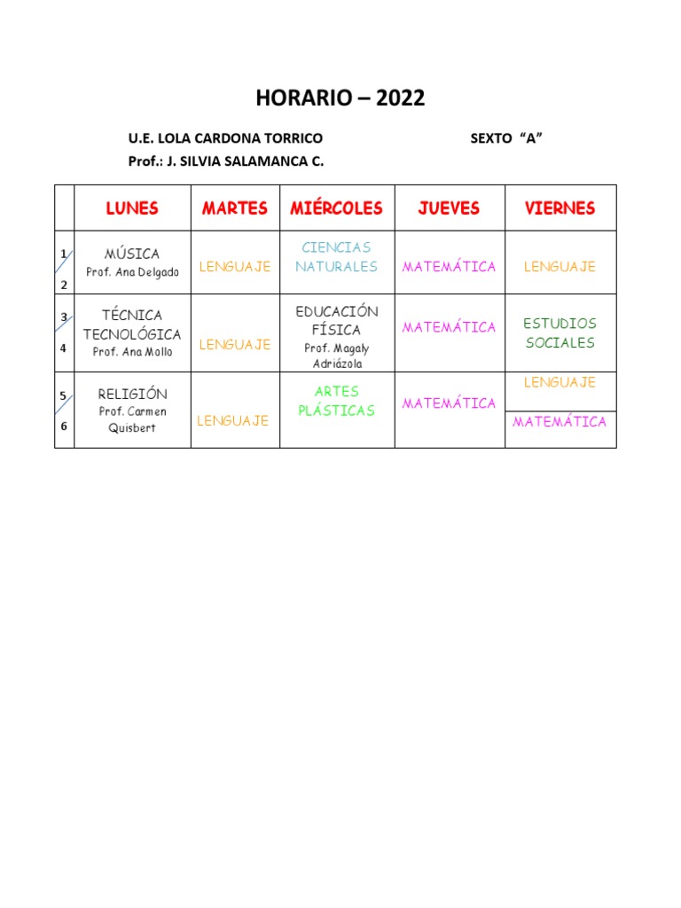 Horario Sexto "A" 2022 | PDF