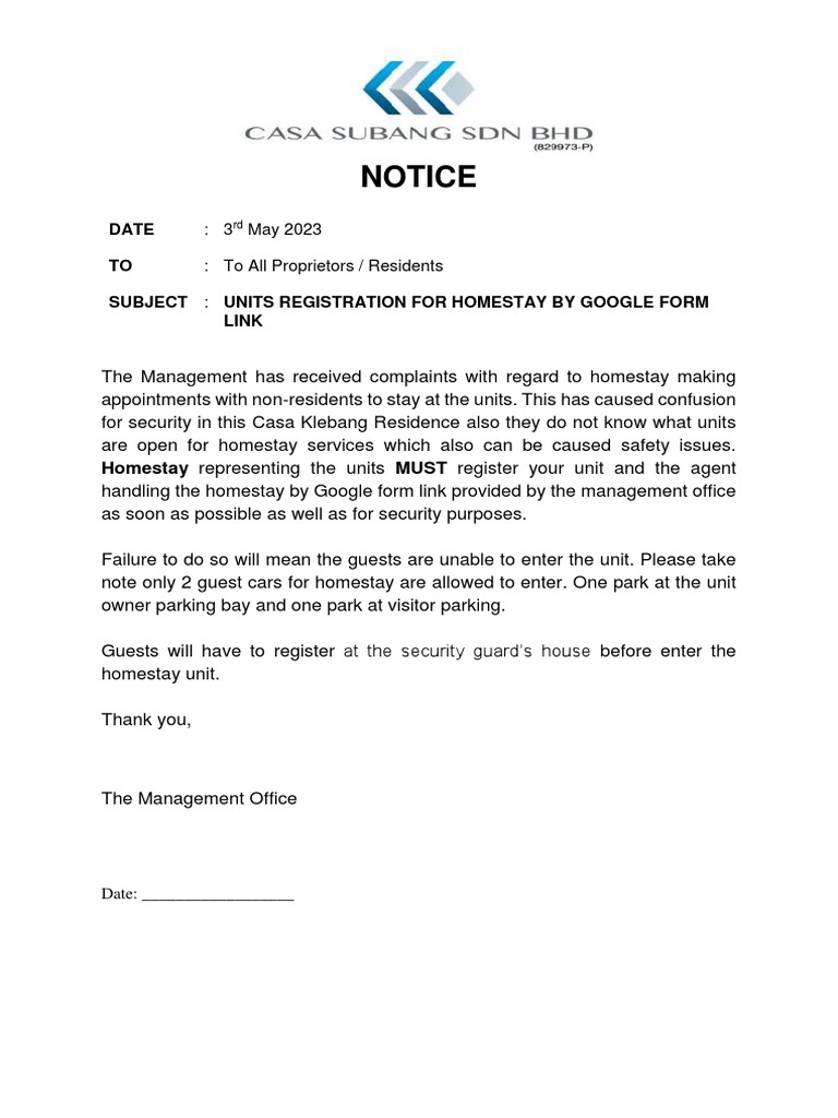 Homestay Registration Notice for Residents | PDF