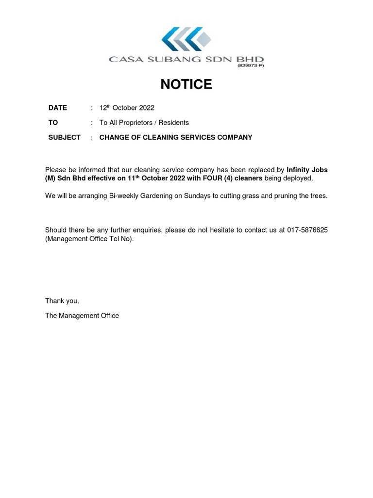 Memo Notice For Change of Cleaning Company | PDF | Law