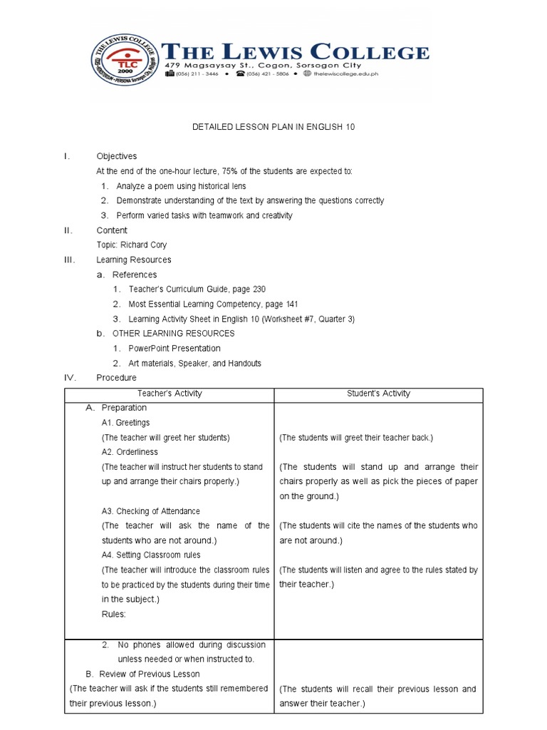 Lesson Plan in Poetry 1 | PDF | Teachers | Lesson Plan