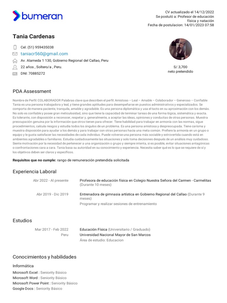Profesor de Educación Física y Natación CV Tania Cardenas | PDF
