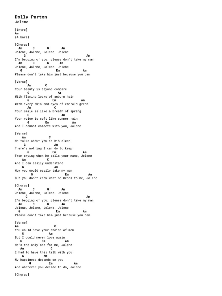 Jolene Chords and Lyrics Guide | PDF