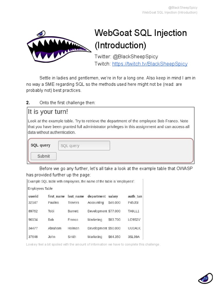 Webgoat Sql Injection Introduction Pdf Sql Databases