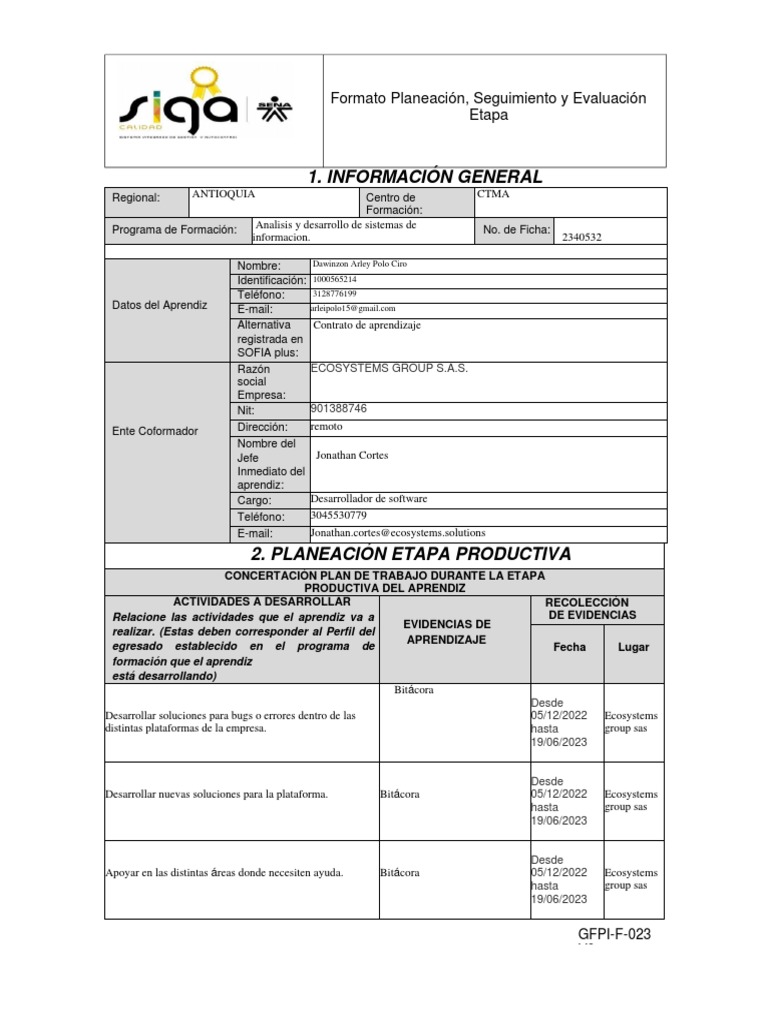 Formato de Seguimeinto y Evaluacion Etapa Productiva | PDF Formato de Seguimeinto y Evaluacion Etapa Productiva | PDF