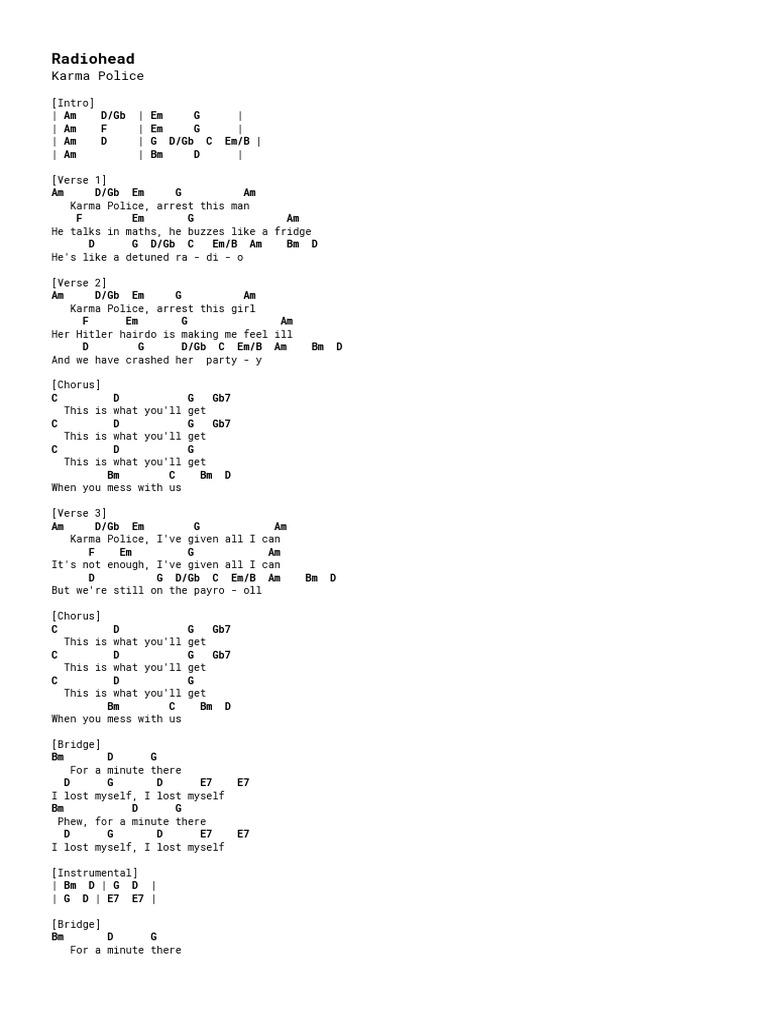 Chords Radiohead Karma-Police | PDF