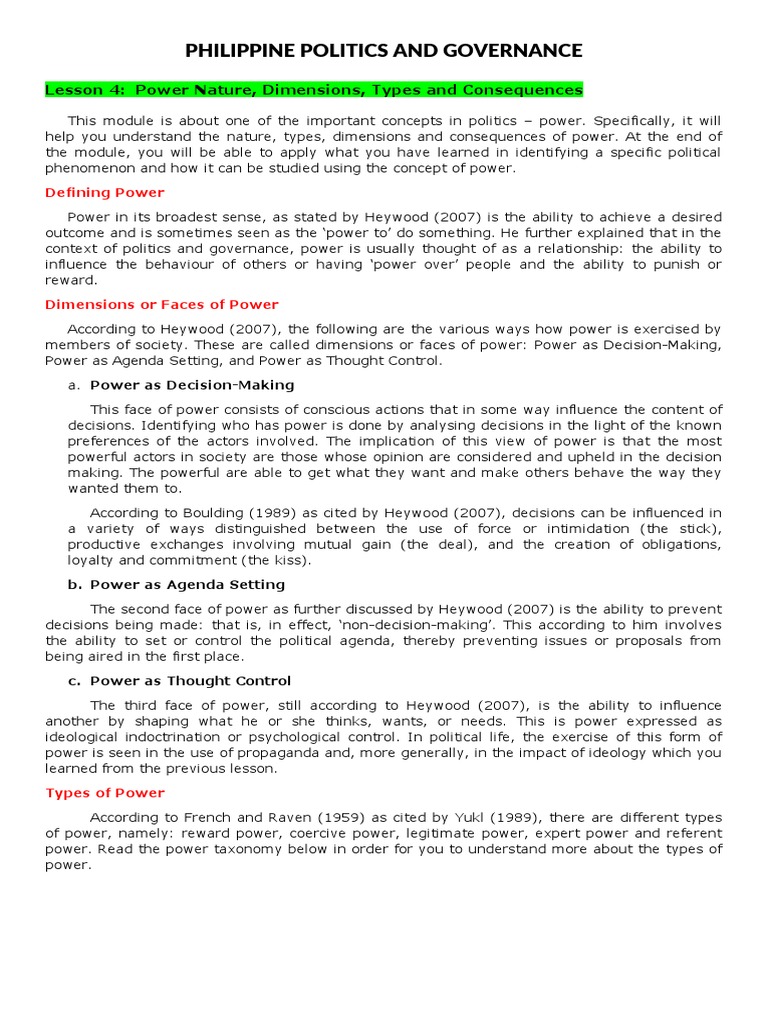 Lesson 04 - Power Nature, Dimensions, Types | PDF | Power (Social And ...