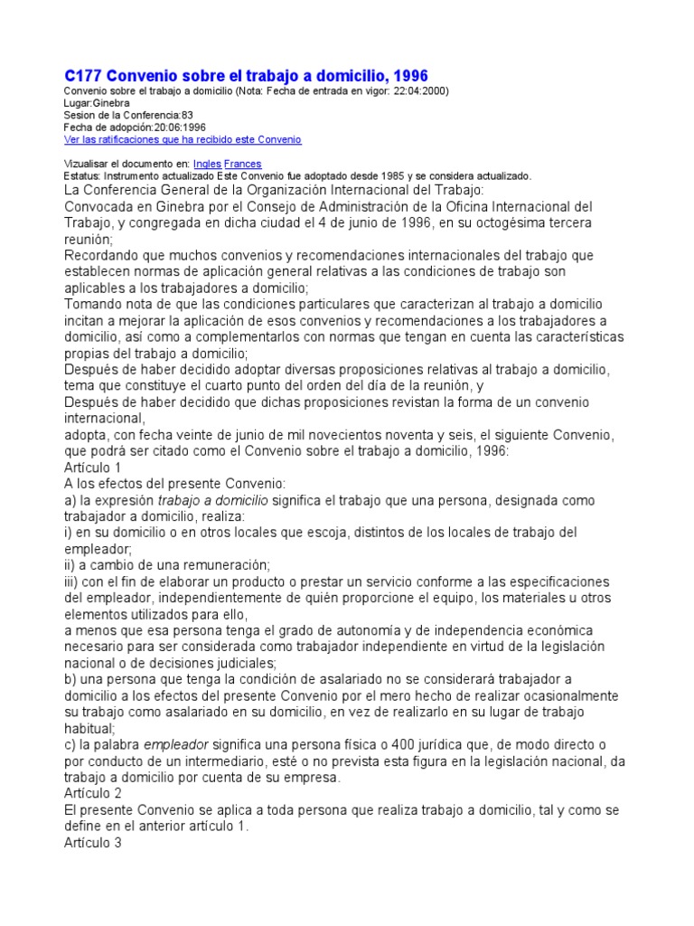 Convenio 177 de La OIT | PDF | Tratado | Organización Internacional del Trabajo