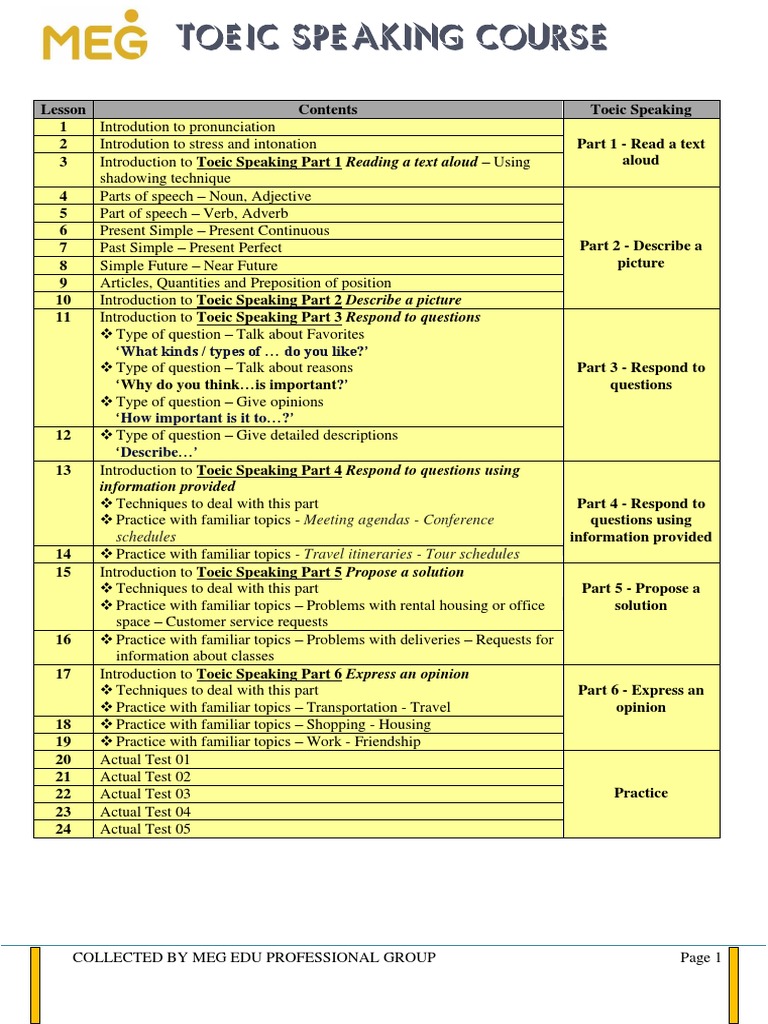 Toeic Speaking Course | Download Free PDF | Part Of Speech | Linguistic Typology
