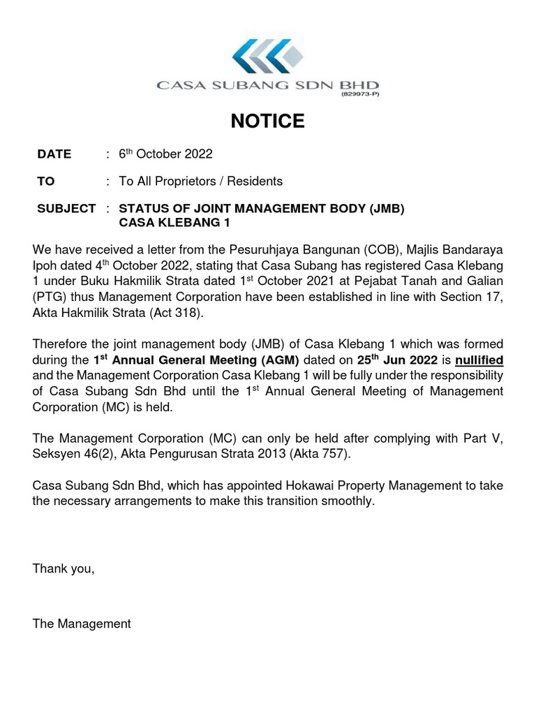 JMB Status Update for Casa Klebang 1 | PDF