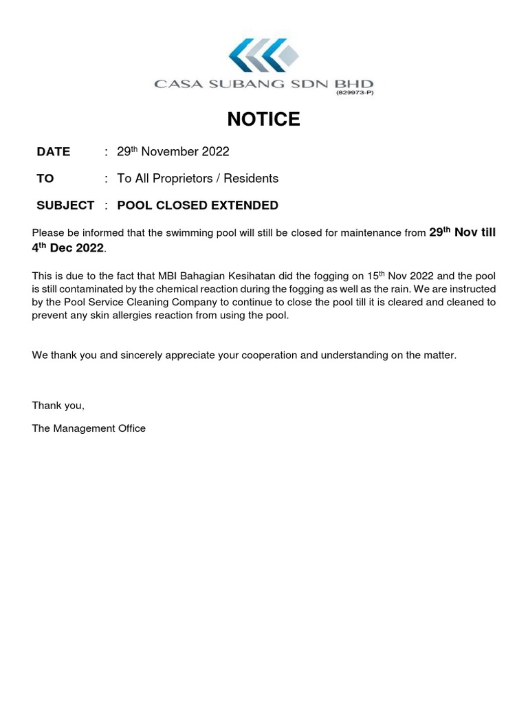 Pool Closure Notice for Maintenance | PDF | Home & Garden