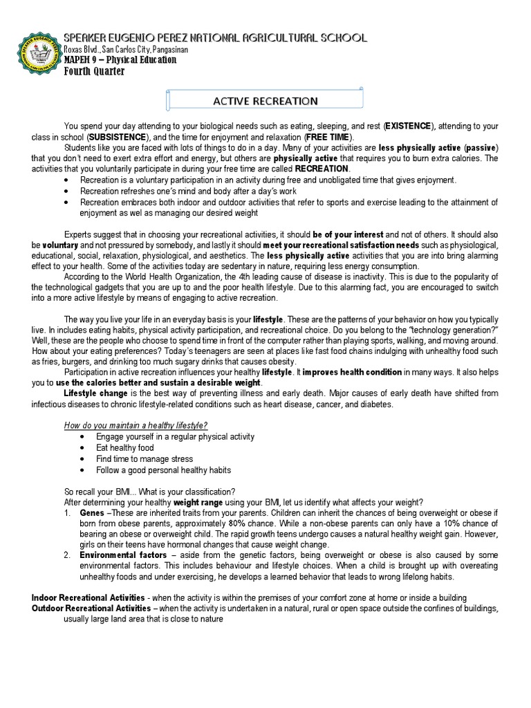 PE Handouts Fourth Quarter | PDF | Obesity | Determinants Of Health