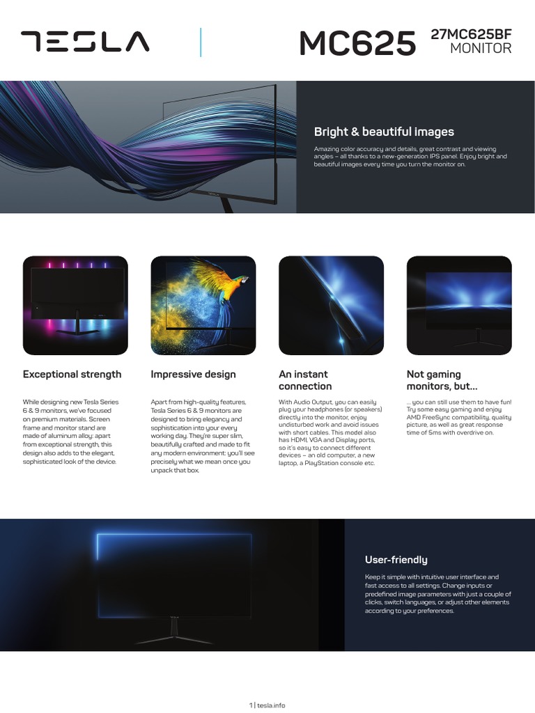 Tesla Monitor 27MC625BF Specifications ENG | PDF | Computer Monitor | Hdmi